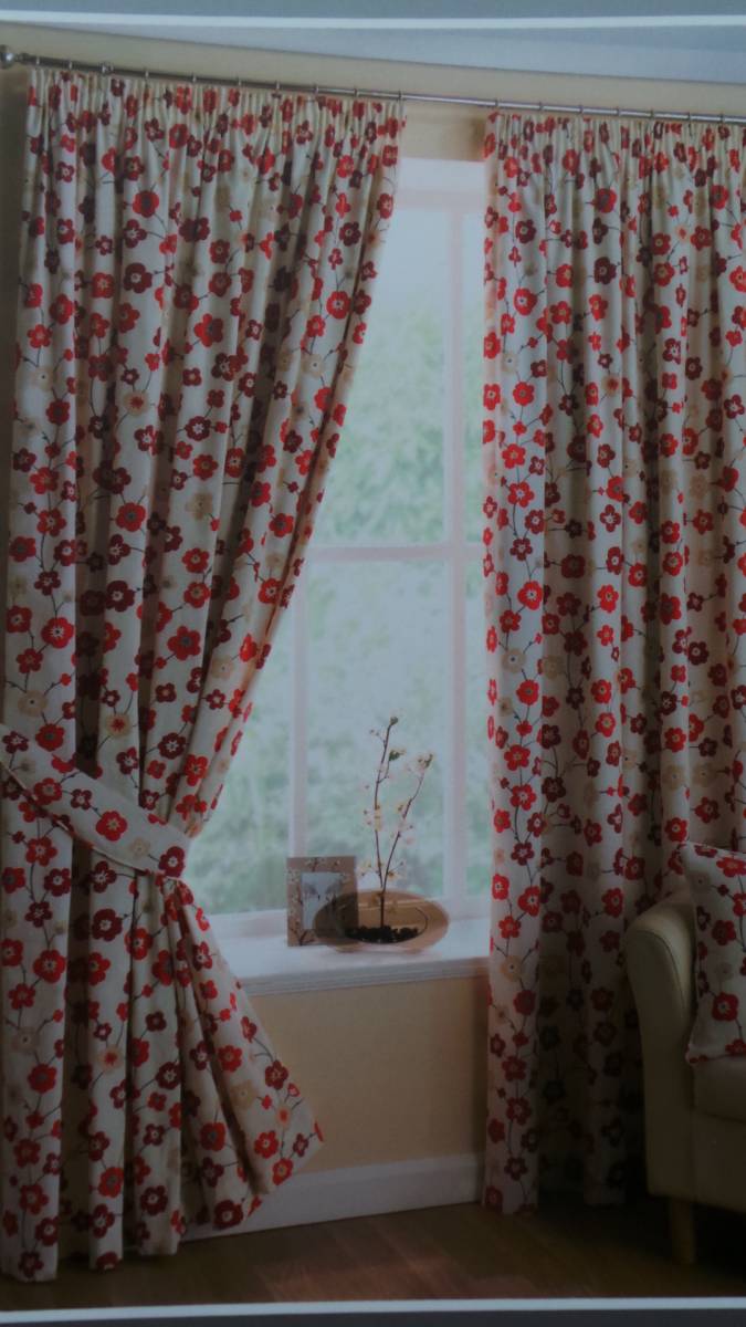 SAKURA RED 100% COTTON CURTAINS FULLY LINED WITH OPTION OF EYELET OR ...